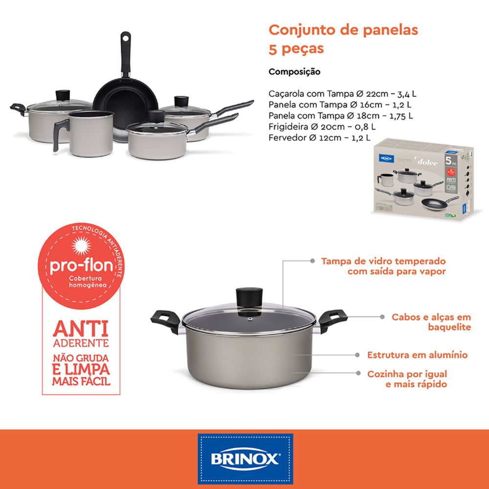 Jogo de Panelas 5 Peças Brinox Dolce Champagne Antiaderente ...